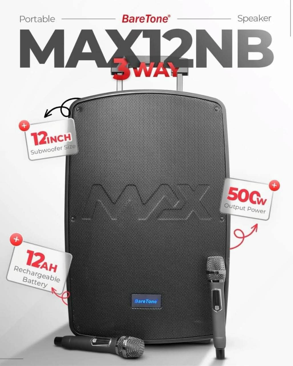 Baretone MAX-12NB 12" Portable Speaker Bluetooth with Two UHF Wireless ...
