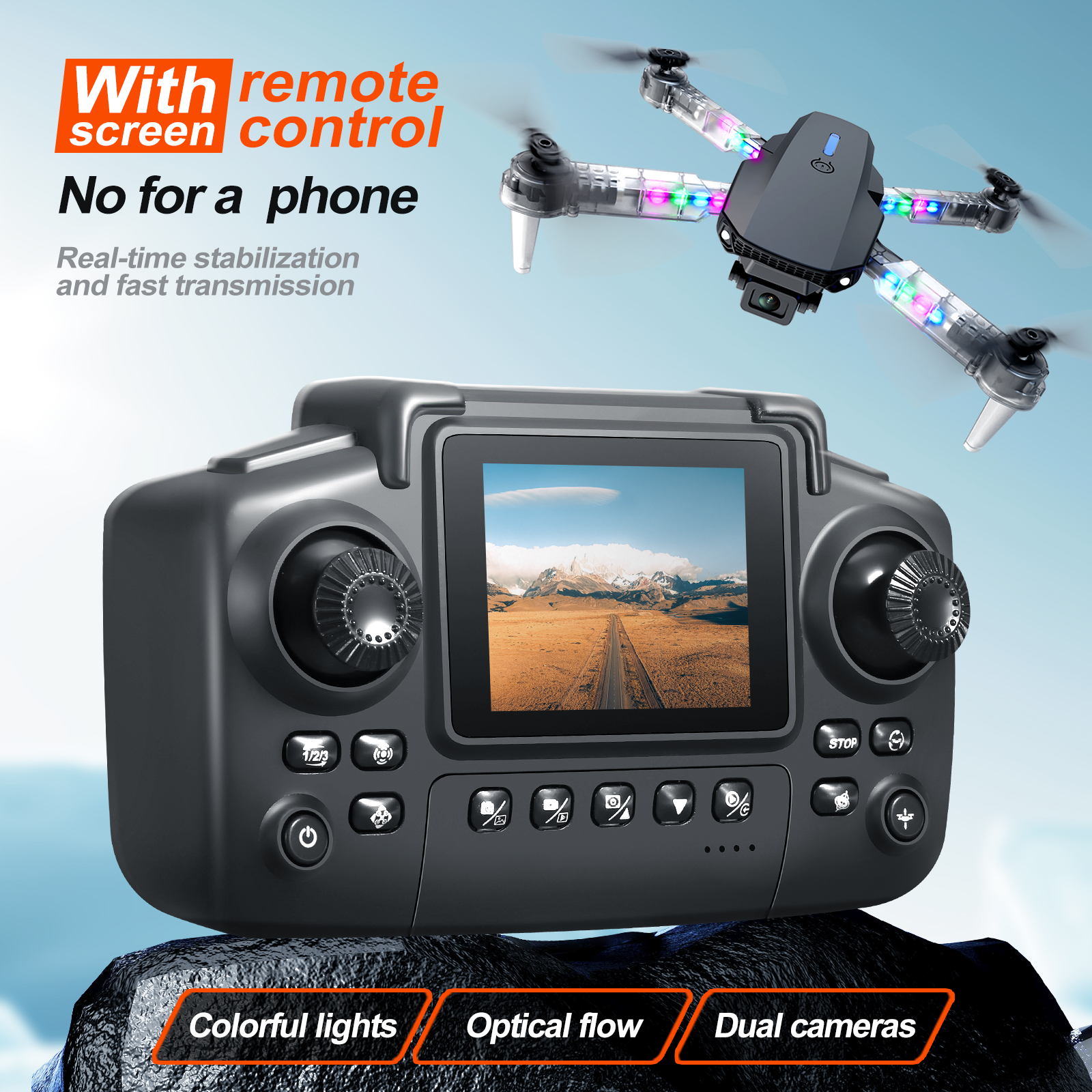 E88/E99 4K Dual Drone Screen Remote for Night Flight LED Lighting Arm 360° Show Real-Time Camera ...