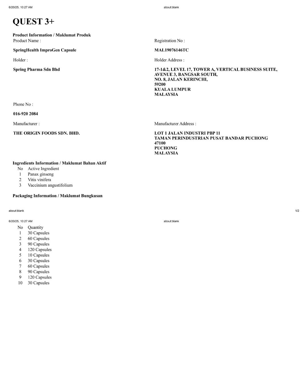 SpringHealth ImproGen® Vegetable Capsules (30'S) | Shopee Malaysia