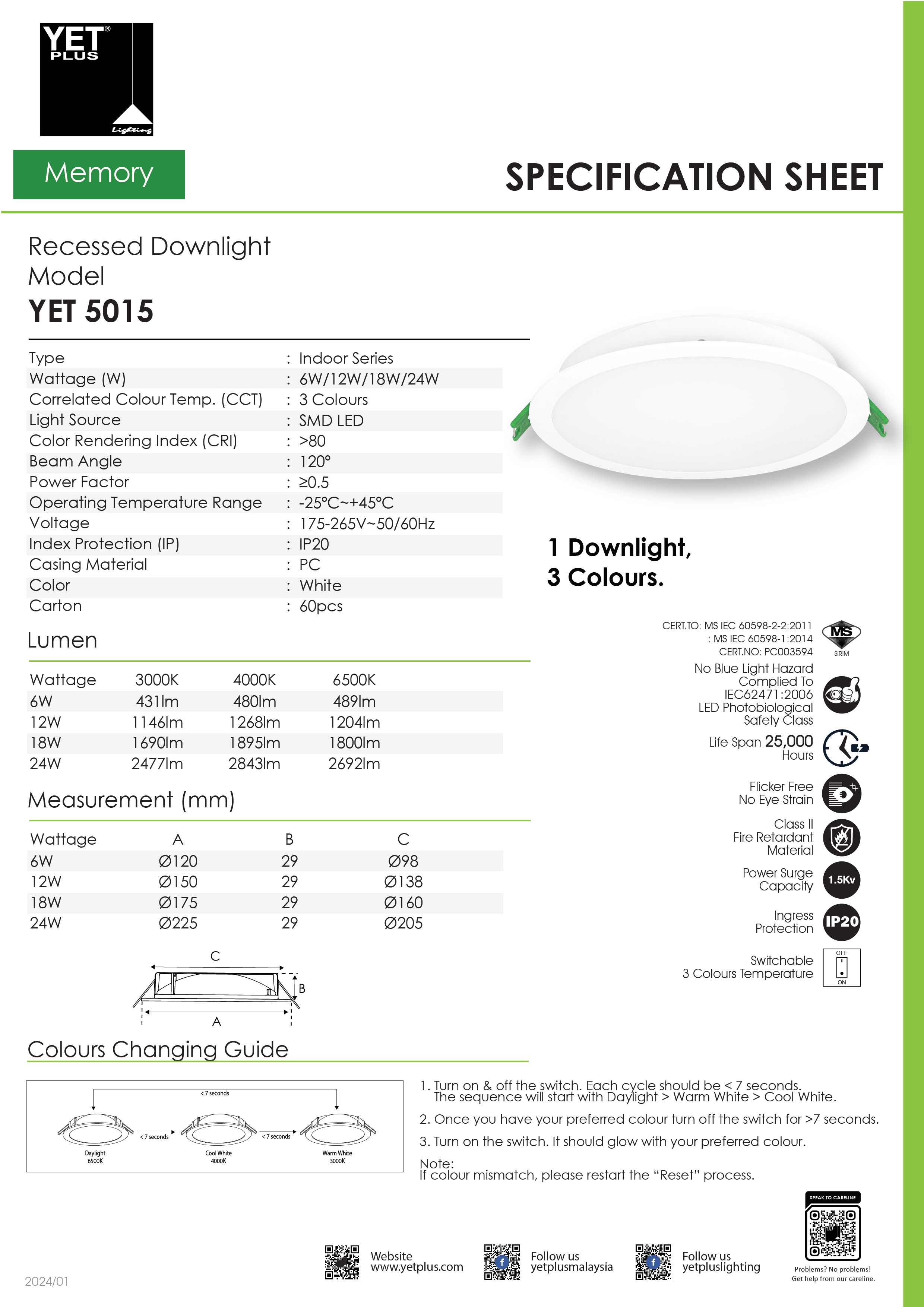 YETPLUS YET 5015 WITH 3 COLOUR MEMORY FUNCTION [ ROUND 12W 4 INCH / 18W ...