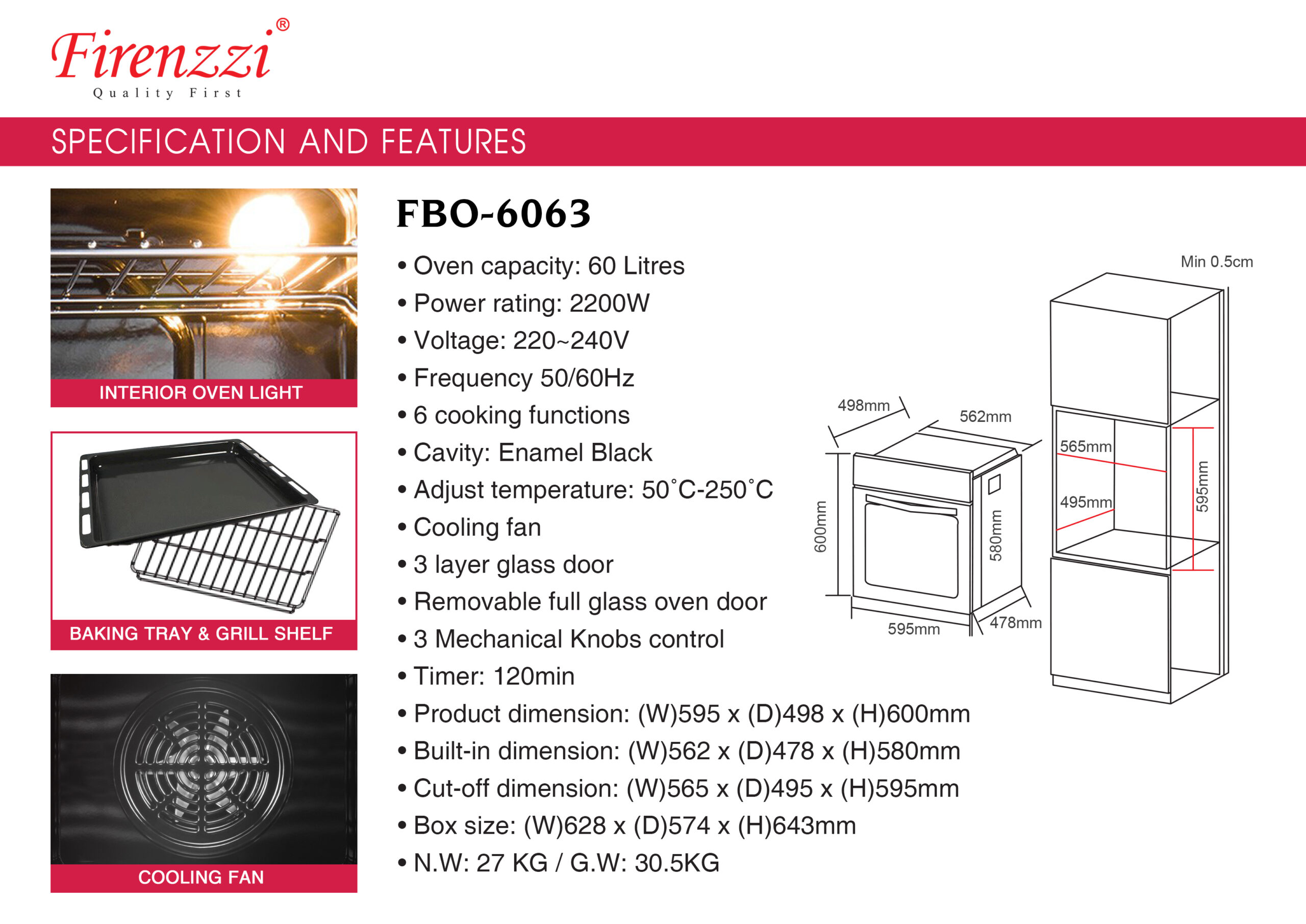 Firenzzi Built-In Oven 60 Litre Capacity With 6 Cooking Function ...