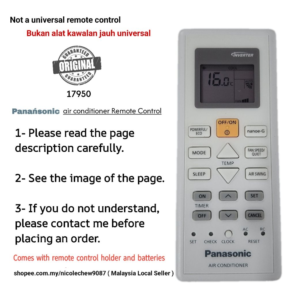 Original Panasonic inverter air conditioner Remote Control 17950 ...