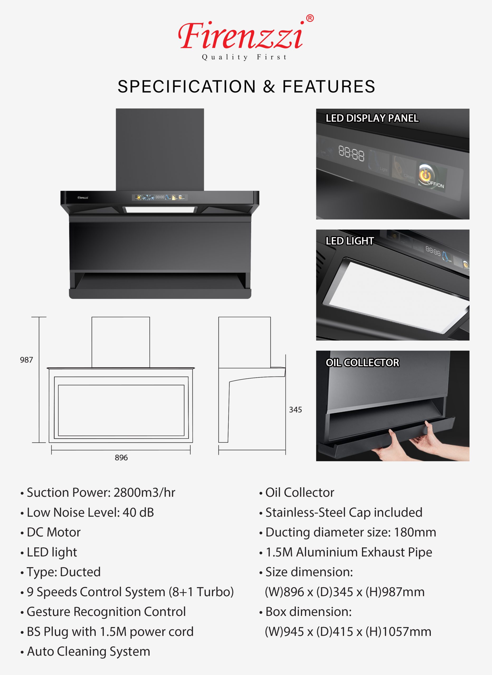 Firenzzi Cooker Hood DC Motor 2800m3/hr Suction Power With Auto ...