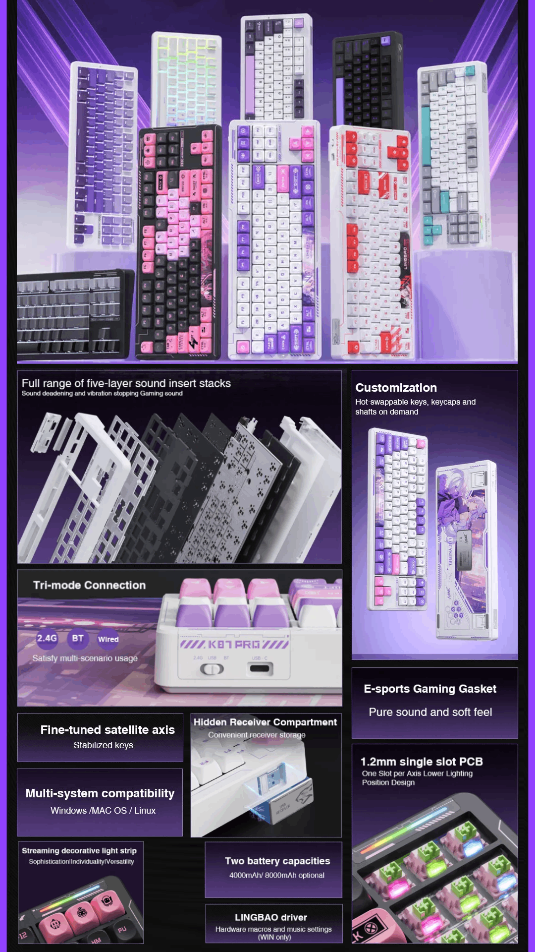 Lingbao K87/K87 Pro Three Mode Wireless RGB Mechanical Gaming Keyboard ...
