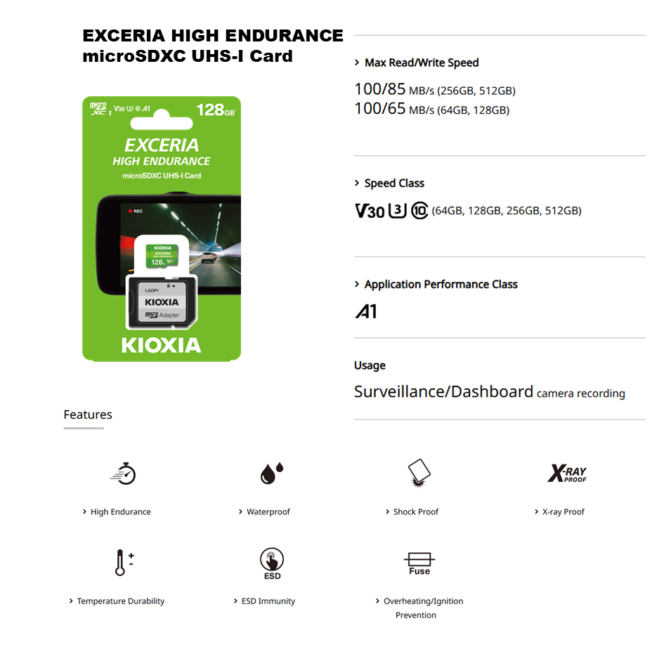 KIOXIA Exceria High Endurance microSD Card UHS-I (64GB_128GB_256GB) 4K Video V30 U3 Class10 A1 ...