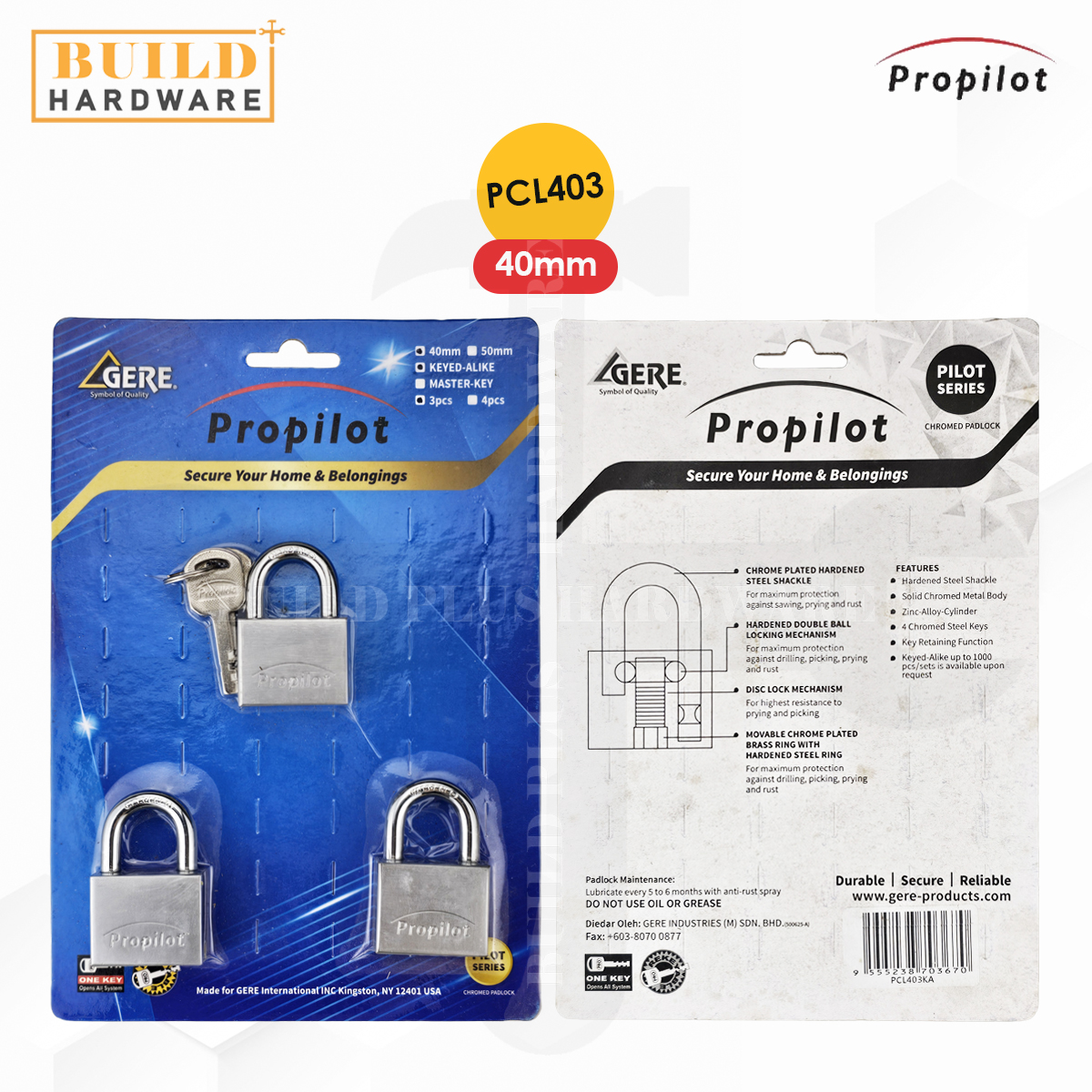 PROPILOT 40mm/50mm Keyed-Alike Padlock Chromed Metal Key Alike Antipick ...