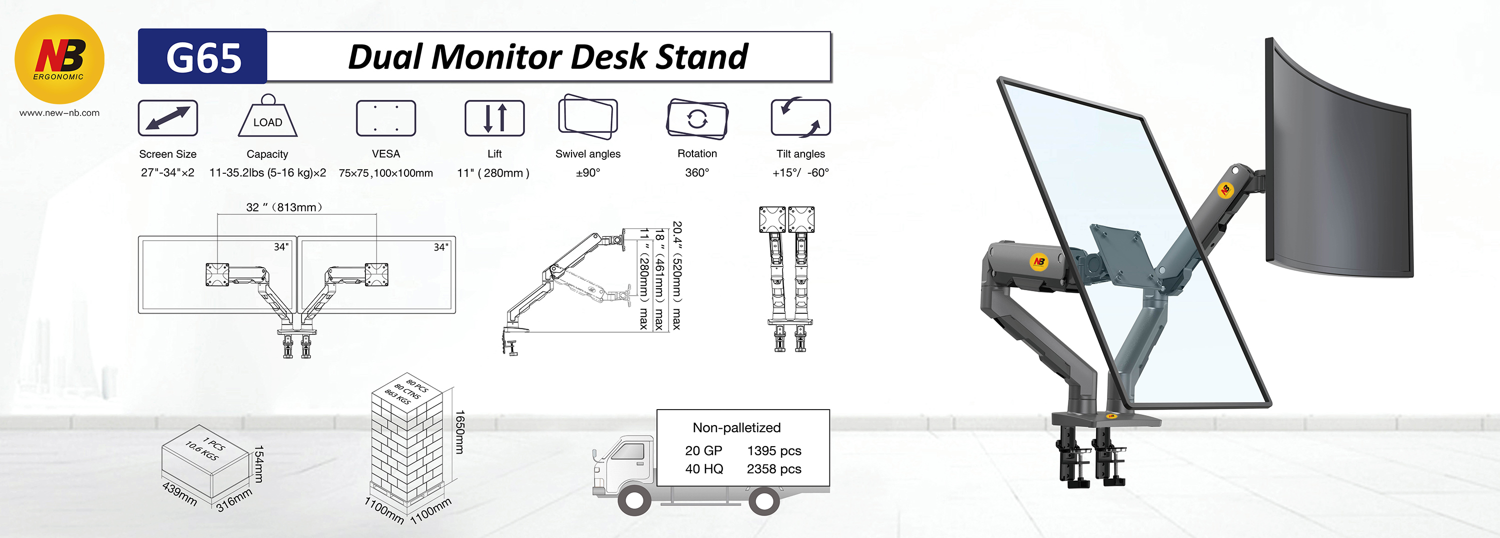 NB G65 Dual Monitor Stand with Gas Spring – Fits 27" to 34" Monitors ...