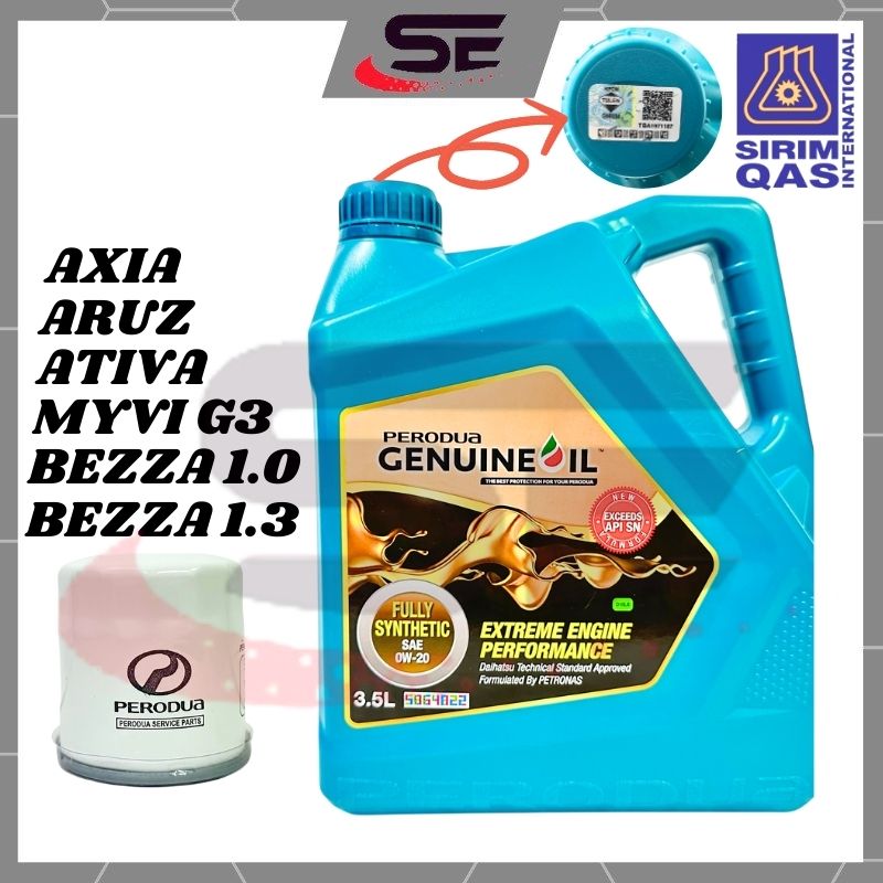 PERODUA Engine Oil 0w20 3.5L Fully Synthetic Minyak Hitam + Oil Filter ...