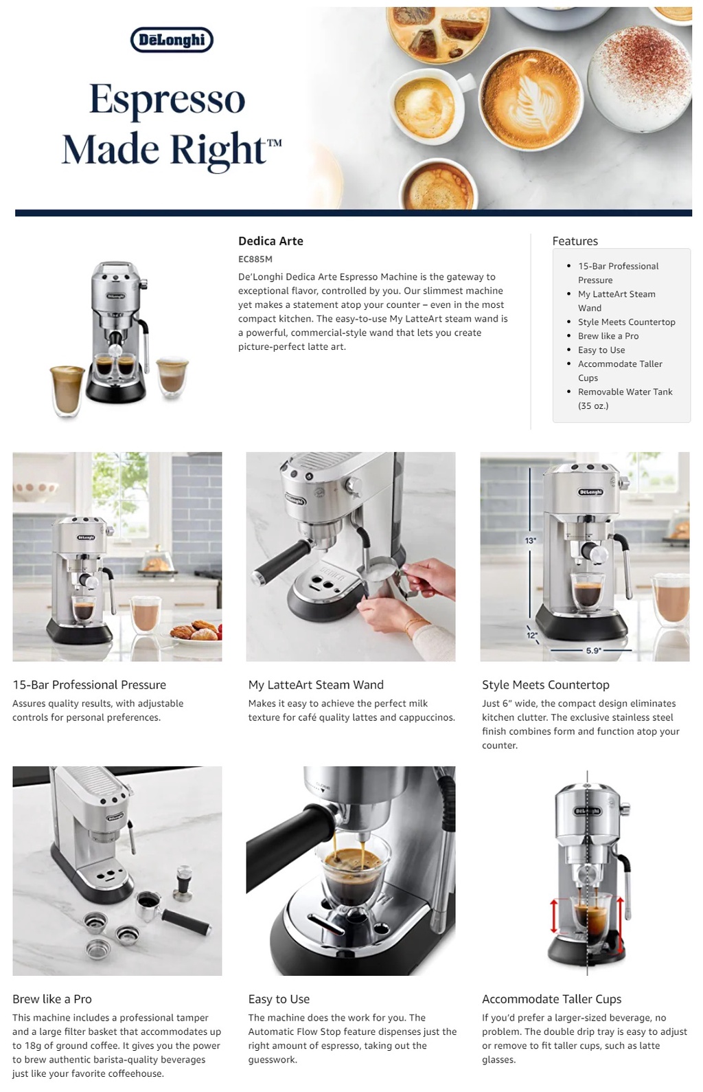 Delonghi EC885 Dedica Arte Espresso Machine EC885.M EC885.BG EC885.GY ...