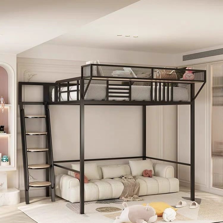 Iron high loft bed, upper bunk, double-decker space, lower table, iron ...