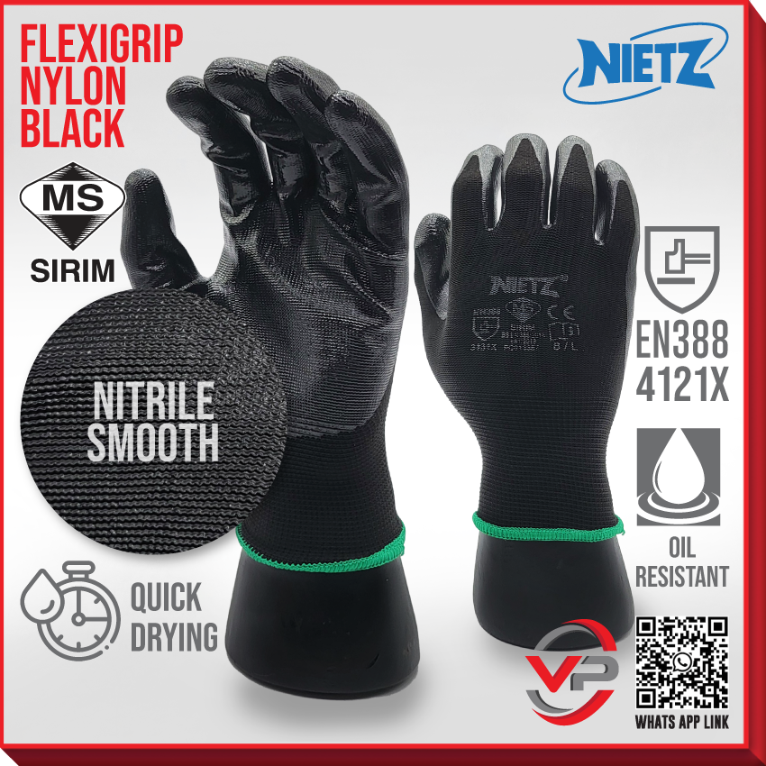 NIETZ SIRIM DOSH NITRILE SMOOTH FLEXIGRIP NYLON BLACK GLOVE NGNS80BBL ...