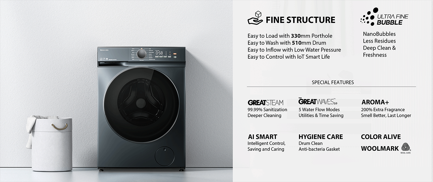 Toshiba Front Load Washing Machine Inverter 9.5KG With Steam Wash Mesin Basuh 洗衣机 洗衣機 TW ...