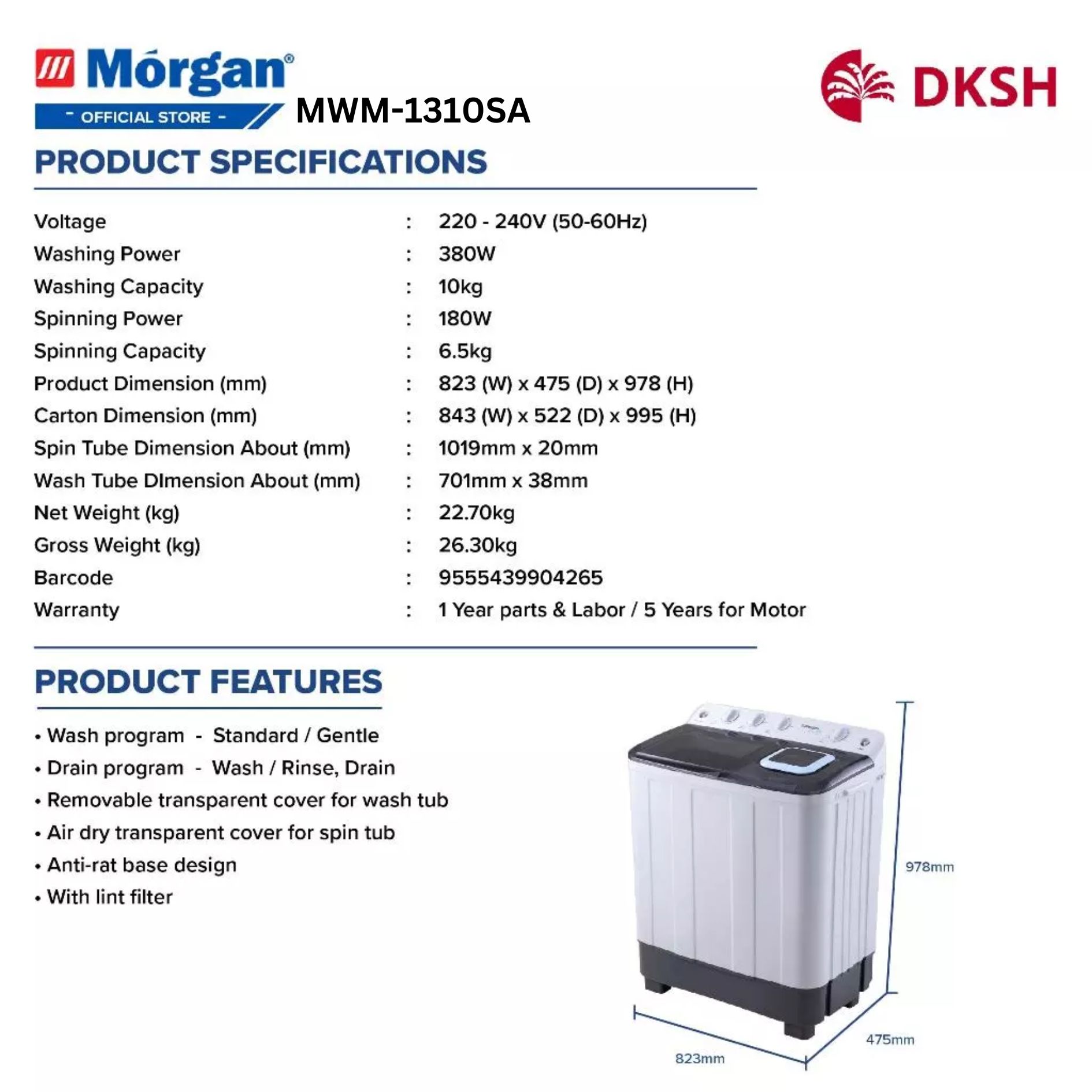Mesin Basuh Pencuci (Free Install)Morgan | MWM-B1370SA MWM-B1310SA MWM ...