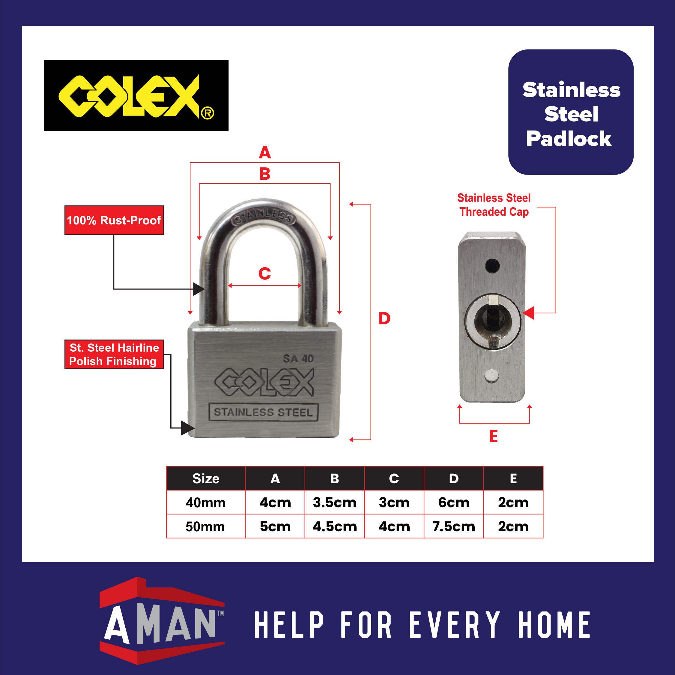 COLEX Rust-Proof Stainless Steel Threaded Cap Single Padlock Solid ...
