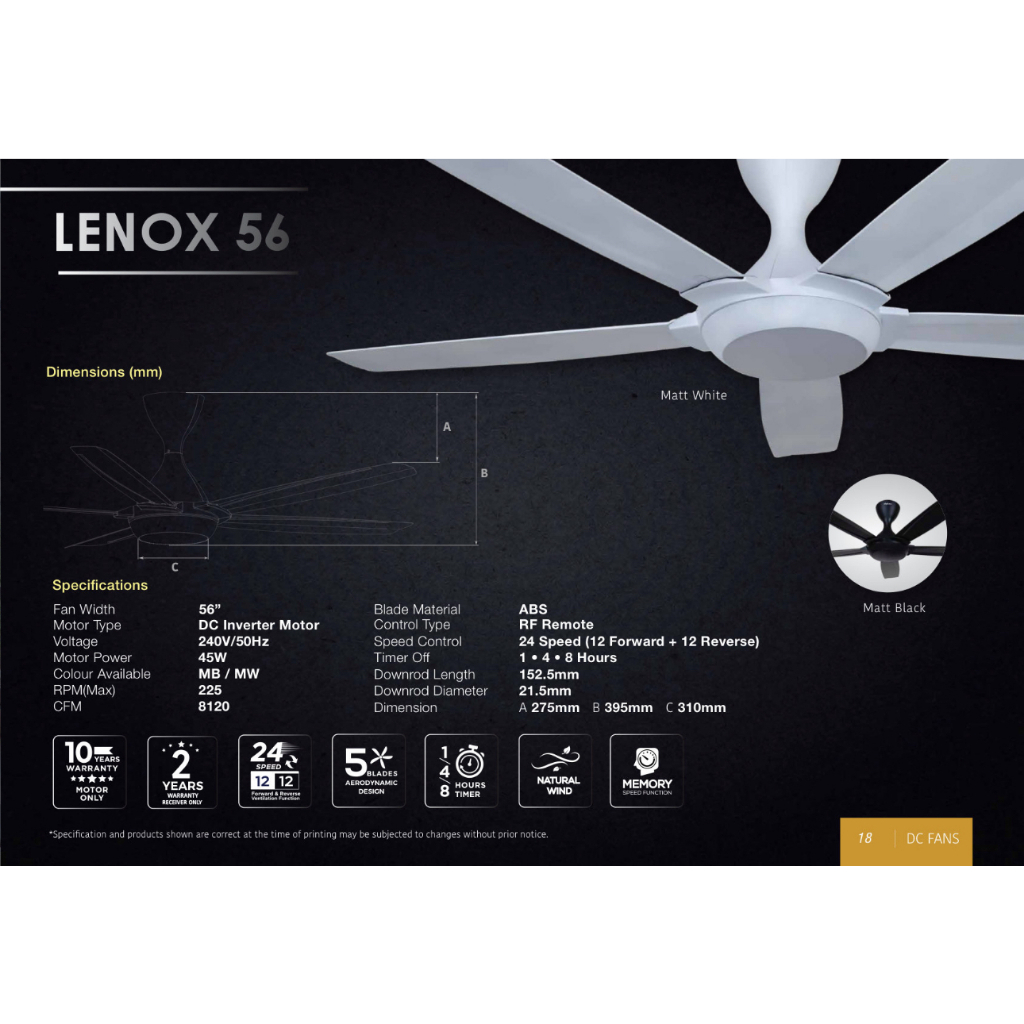 DEKA+ Lenox 56" DC Motor Ceiling Fan 5 Blades 24 Speeds (12F+12R) with ...