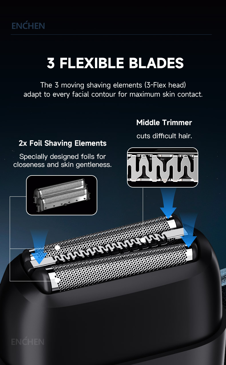 Enchen MS002 Electric Shaver 100% Waterproof 3 Flexible Blades Compact ...