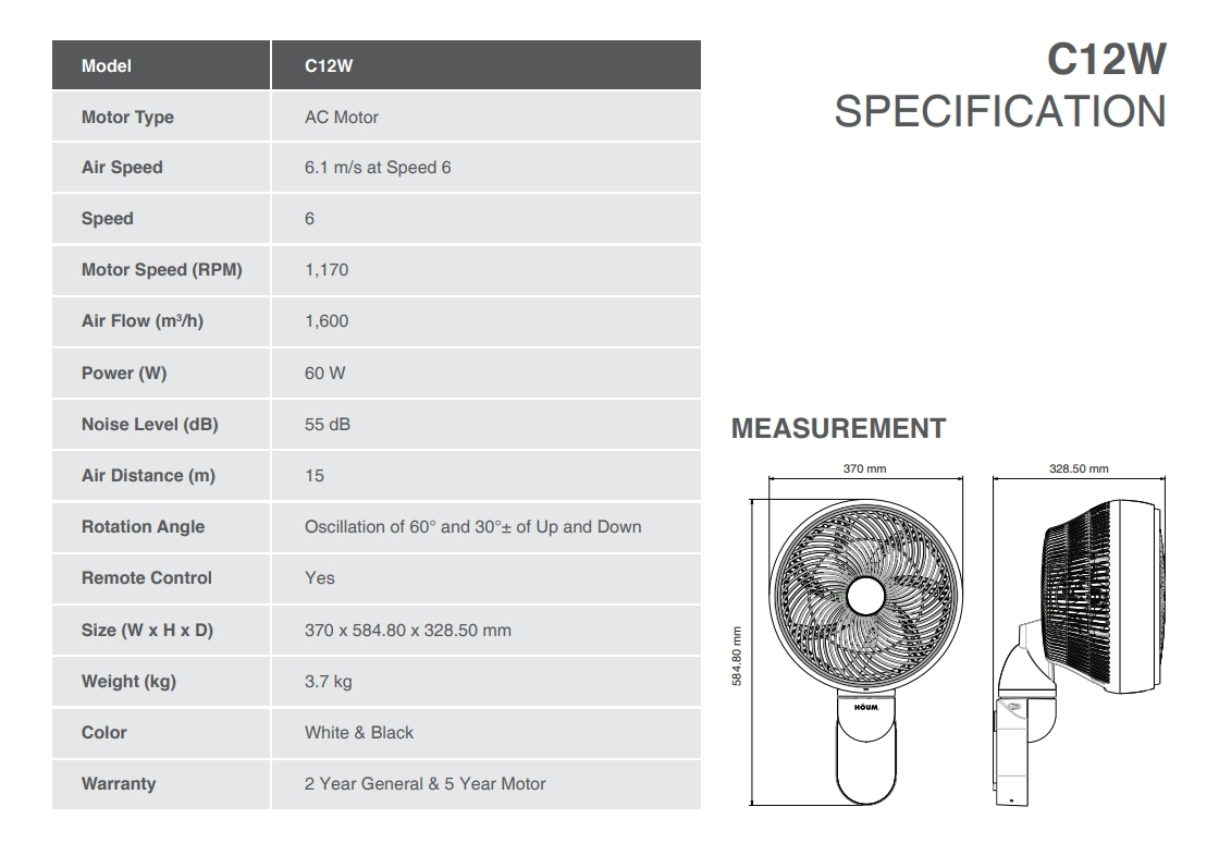 Houm C12W 2024 New Wall Fan Air Circulation Fan 12" 6 Speed Strong Wind Auto Up and Down ...