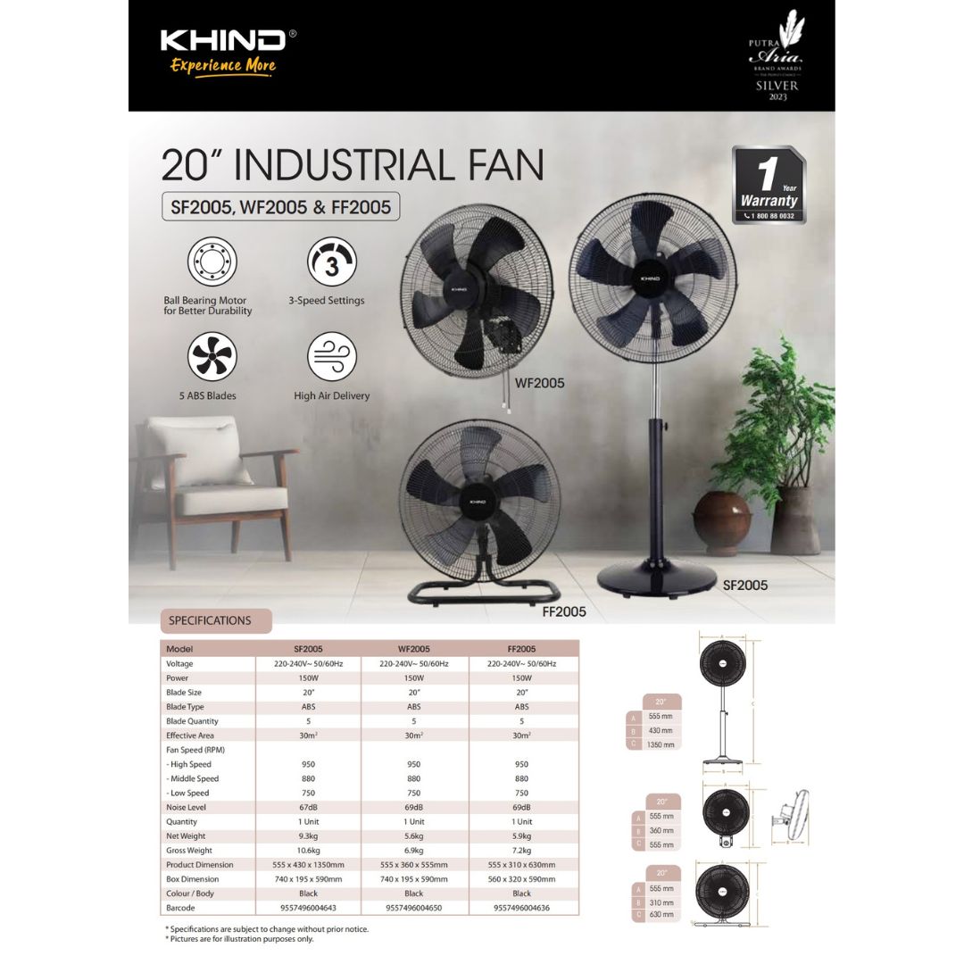 Khind WF2005 / WF2003F 20" Industrial Wall Fan Kipas Angin | Shopee ...