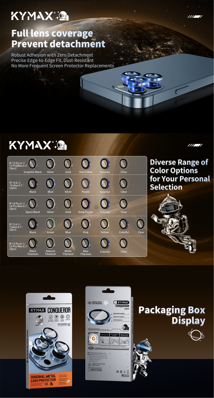 KYMAX Aluminum Alloy Camera Lens Protector Original Metal Corning Tempered Glass For iPhone 14/ ...