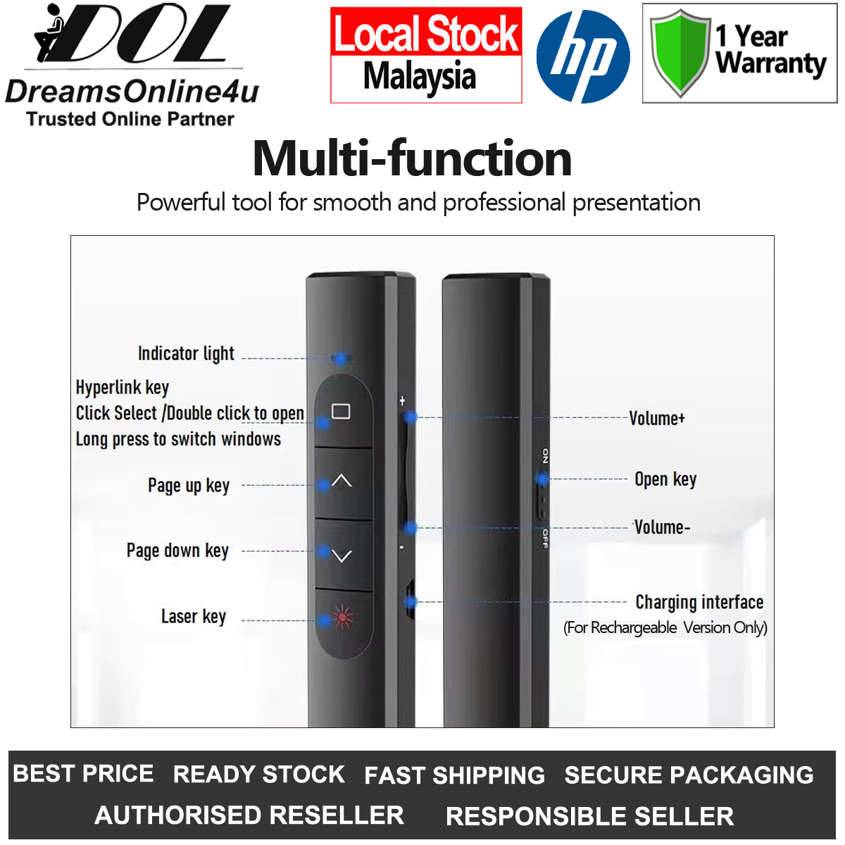 HP SS10 USB 2.4Ghz Plug & Play Wireless Power Point PPT Flip Pen Presenter Red Laser Pointer ...