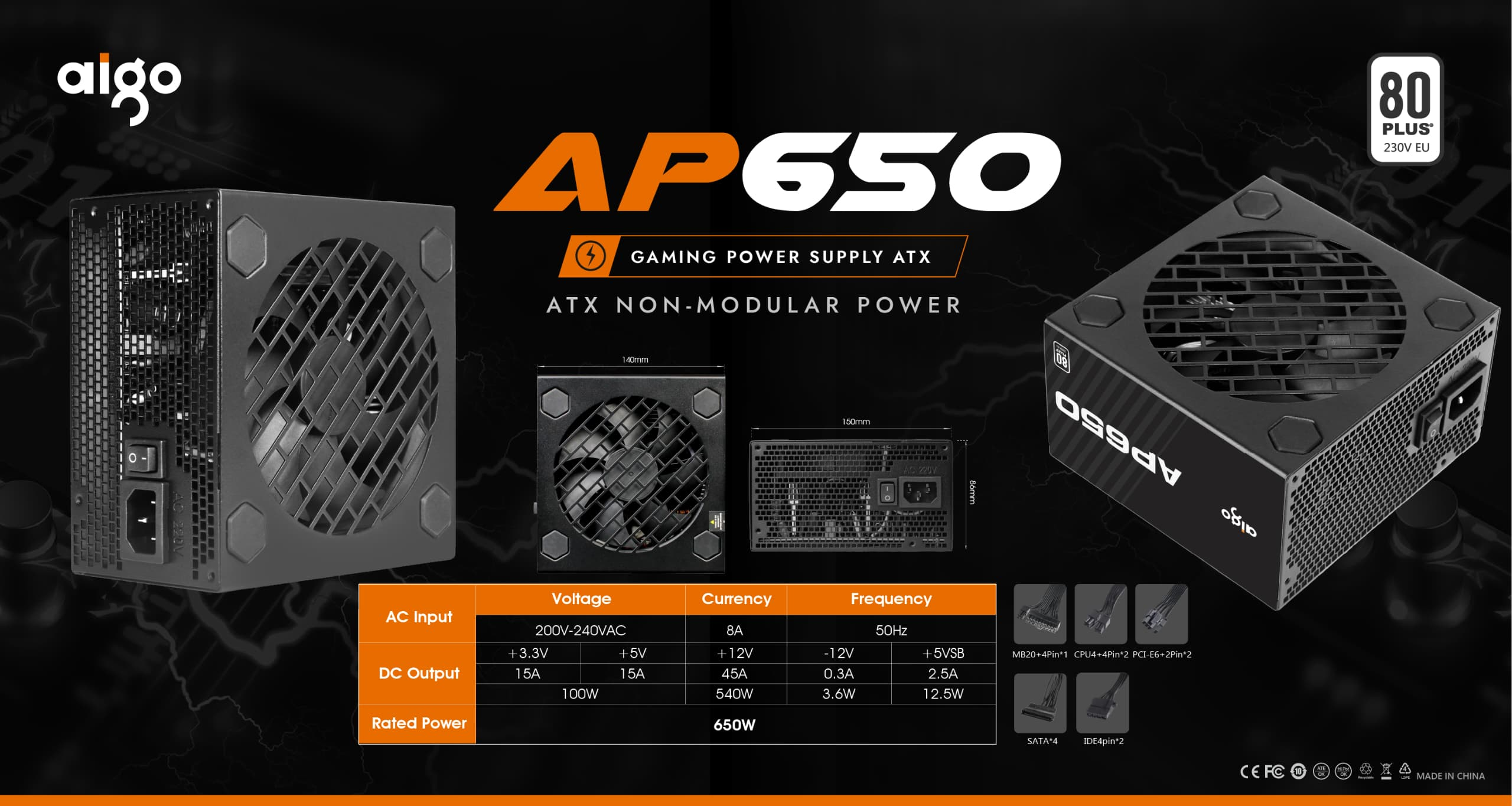 AIGO AP550 550W / AP650 650W 80PLUS WHITE 230V EU PSU POWER SUPPLY ...