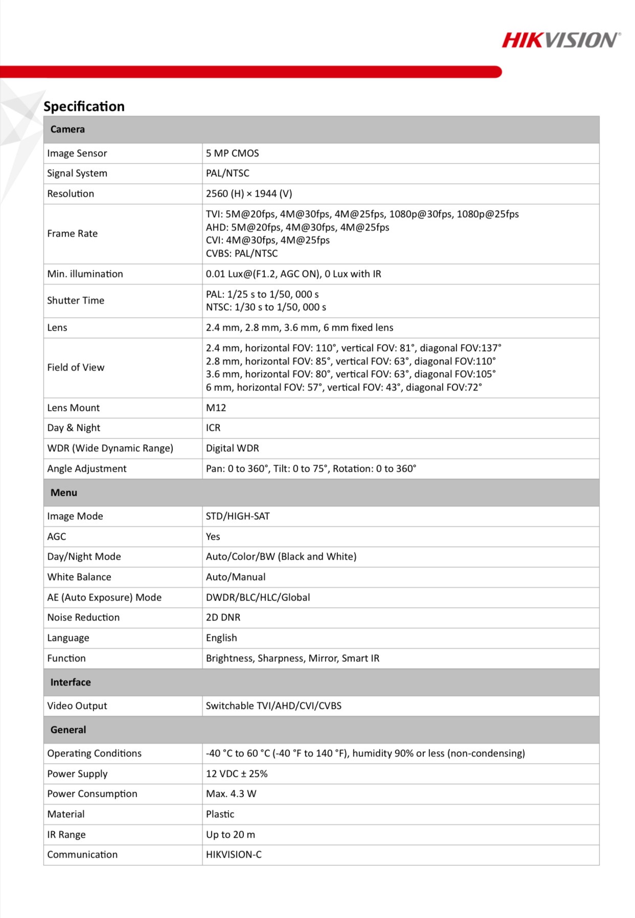 HIK HIKVISION 5MP 3K 1920P HD Indoor IR INFRARED Dome 2.8MM 3.6MM TVI 5 ...