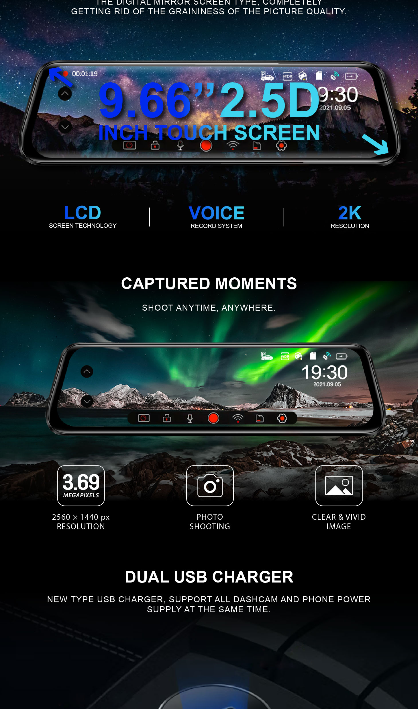 Azdome AR09 1440P Quad HD Rear Mirror Front & Rear Dash Cam Night ...