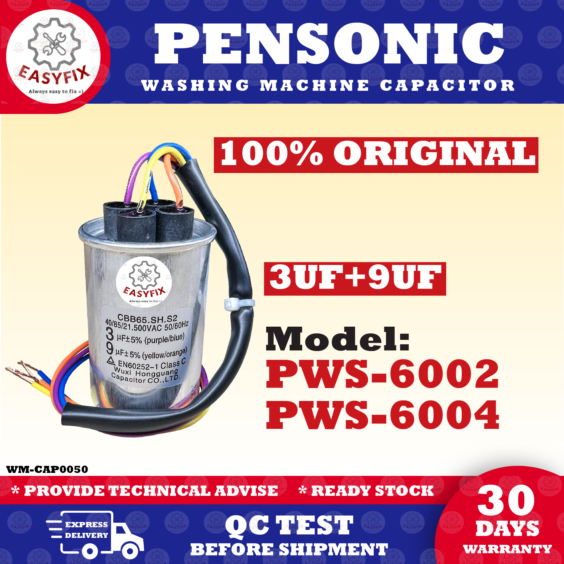 (100% ORIGINAL) PWS-6002 / PWS-6004 PENSONIC 3UF 9UF 2IN1 SPIN CAPACITOR WASH CAPACITOR Washing ...