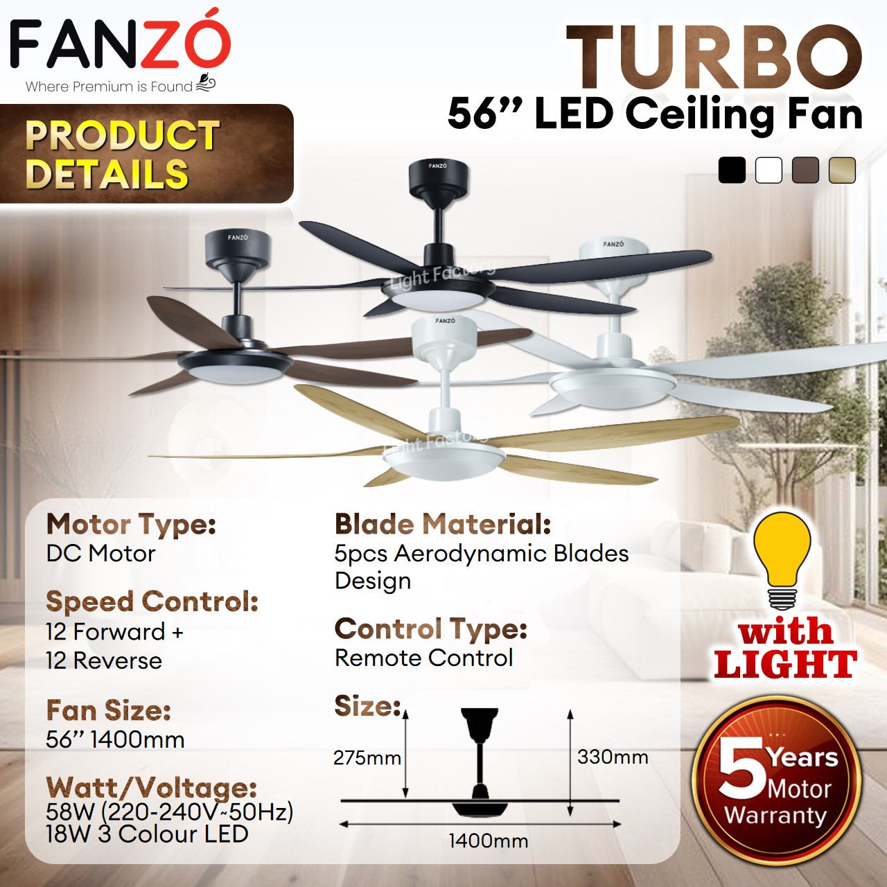 🔥SIRIM🔥FANZÓ TURBO BABY 42" 56" 5 Blades DC LED Ceiling Fan with Light ...