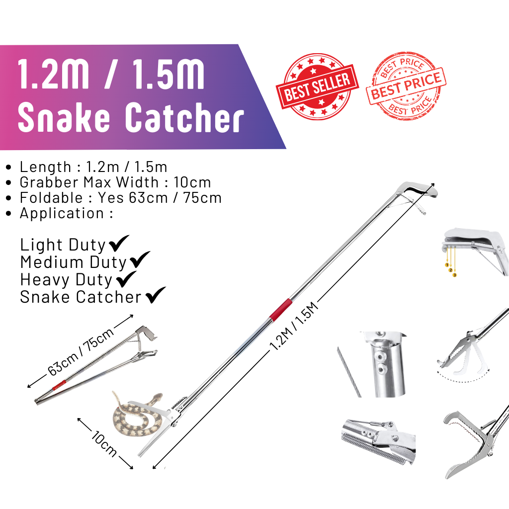 1.2M/1.5M Zigzag Wide Jaw Stainless Steel Snake Catcher and Tong Clamp ...