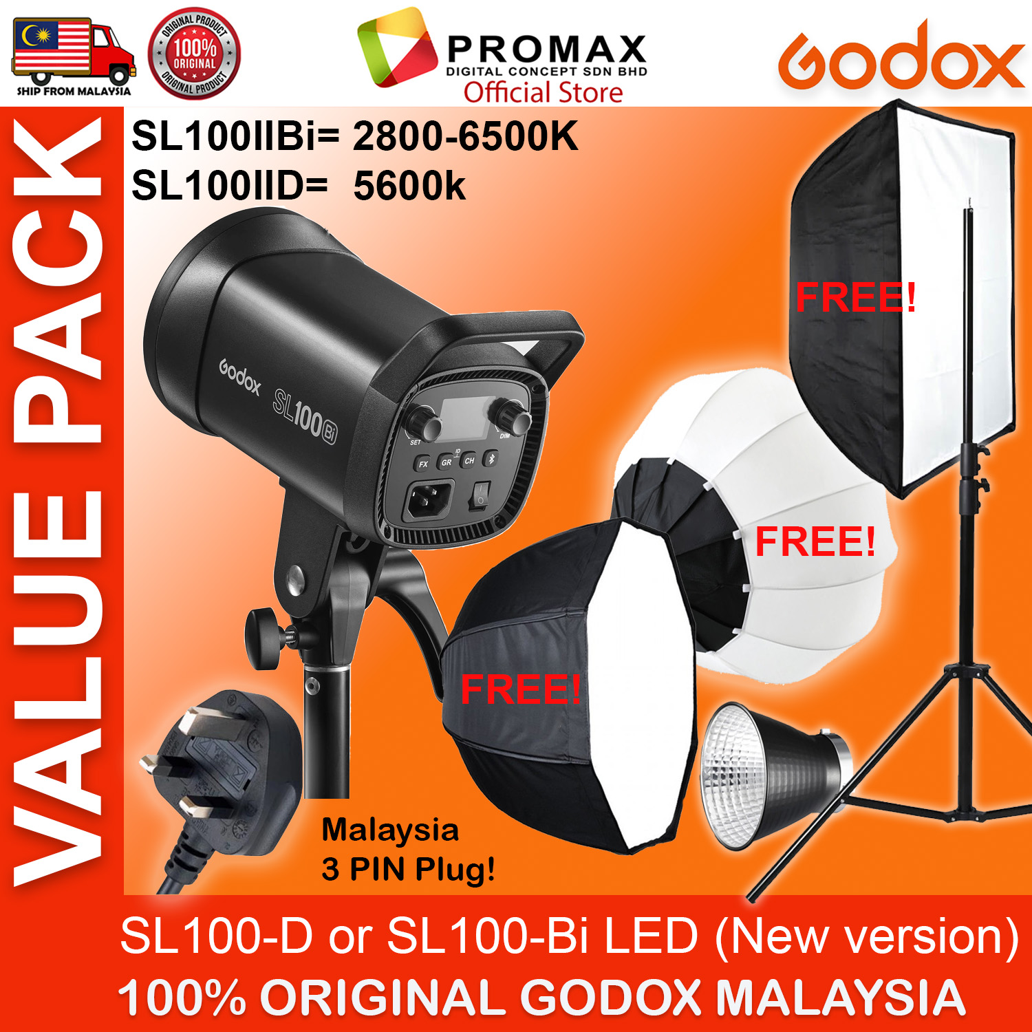CHEAPEST! Godox SL100 SL100D SL100Bi with Lantern Octa 95cm 60x90cm Softbox Stand LED Video ...