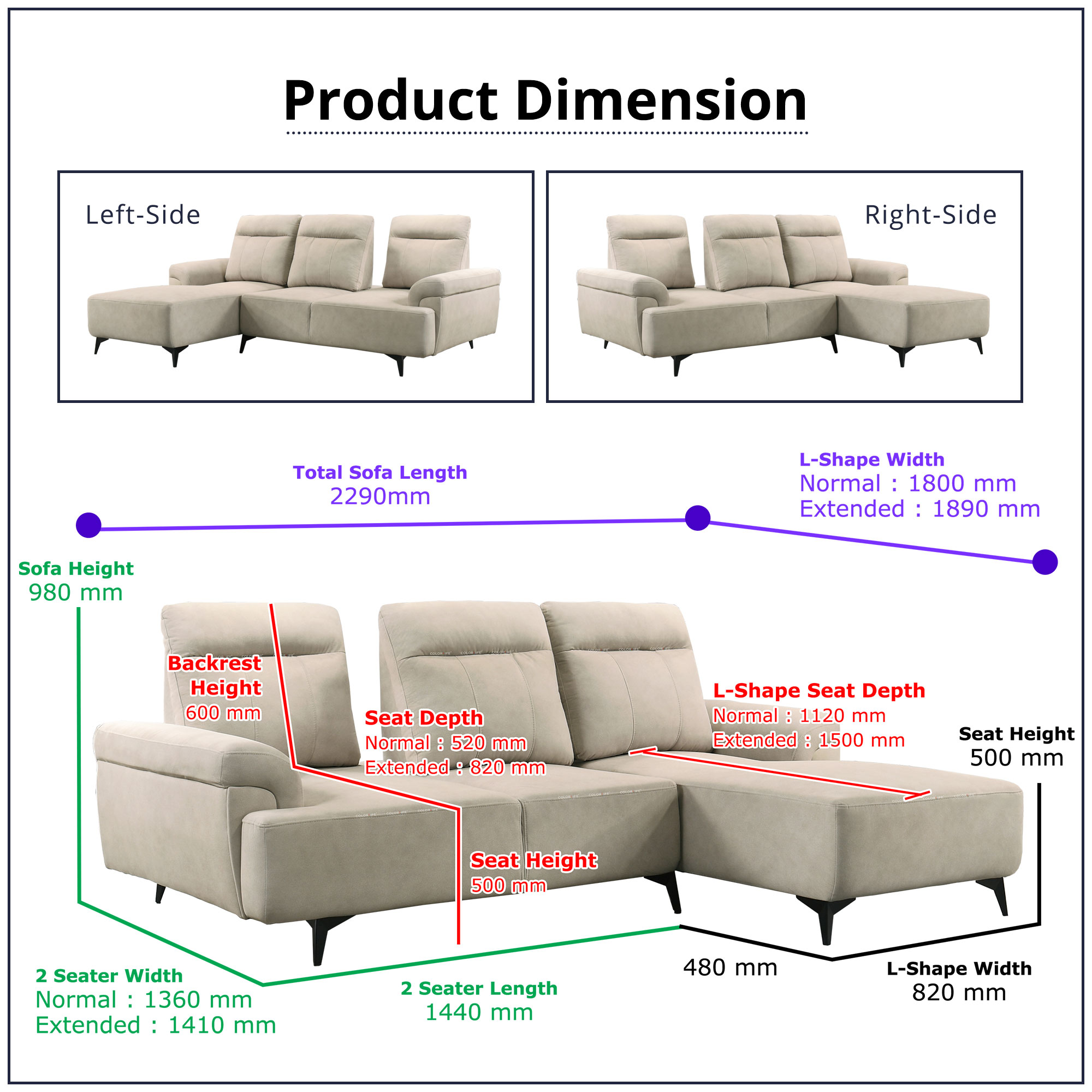 Color Life Chloe L-Shape Sofa (Left/Right) / Push back Backrest ... Color Life Chloe L-Shape Sofa (Left/Right) / Push back Backrest ...