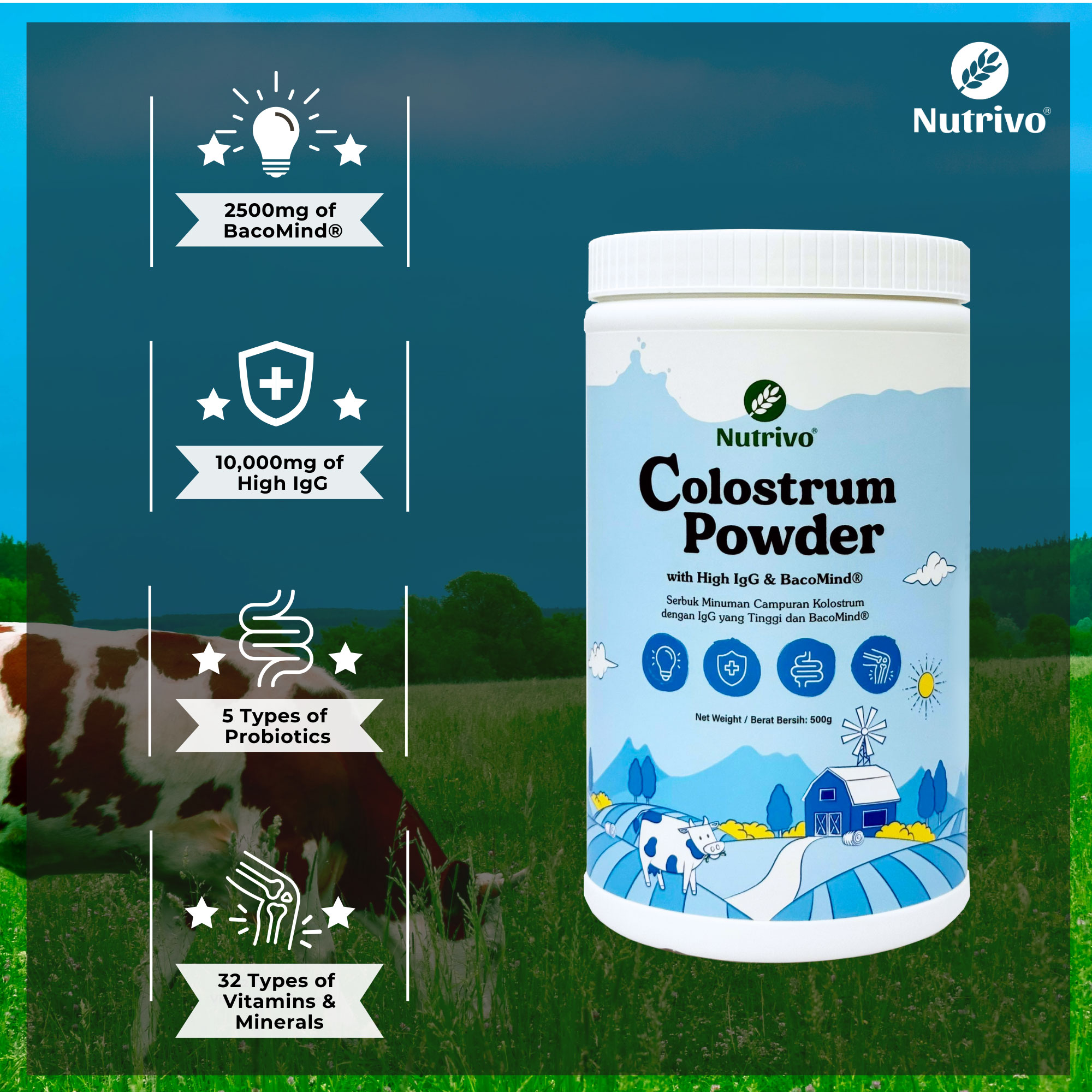 Nutrivo Colostrum Powder with High IgG & BacoMind 500g 儿童 小孩 补脑 多效免疫 牛 ...