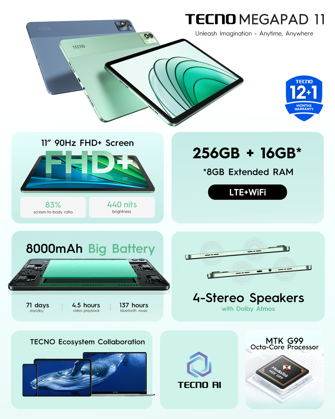 TECNO MEGAPAD 11 WiFi + LTE (16GB RAM + 256GB / 128GB ROM ) 11" Display ...