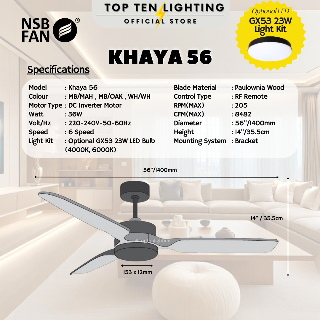 NSB Fan 56 Khaya 56" DC Motor Remote Control Ceiling Fan White Oak Mah ...