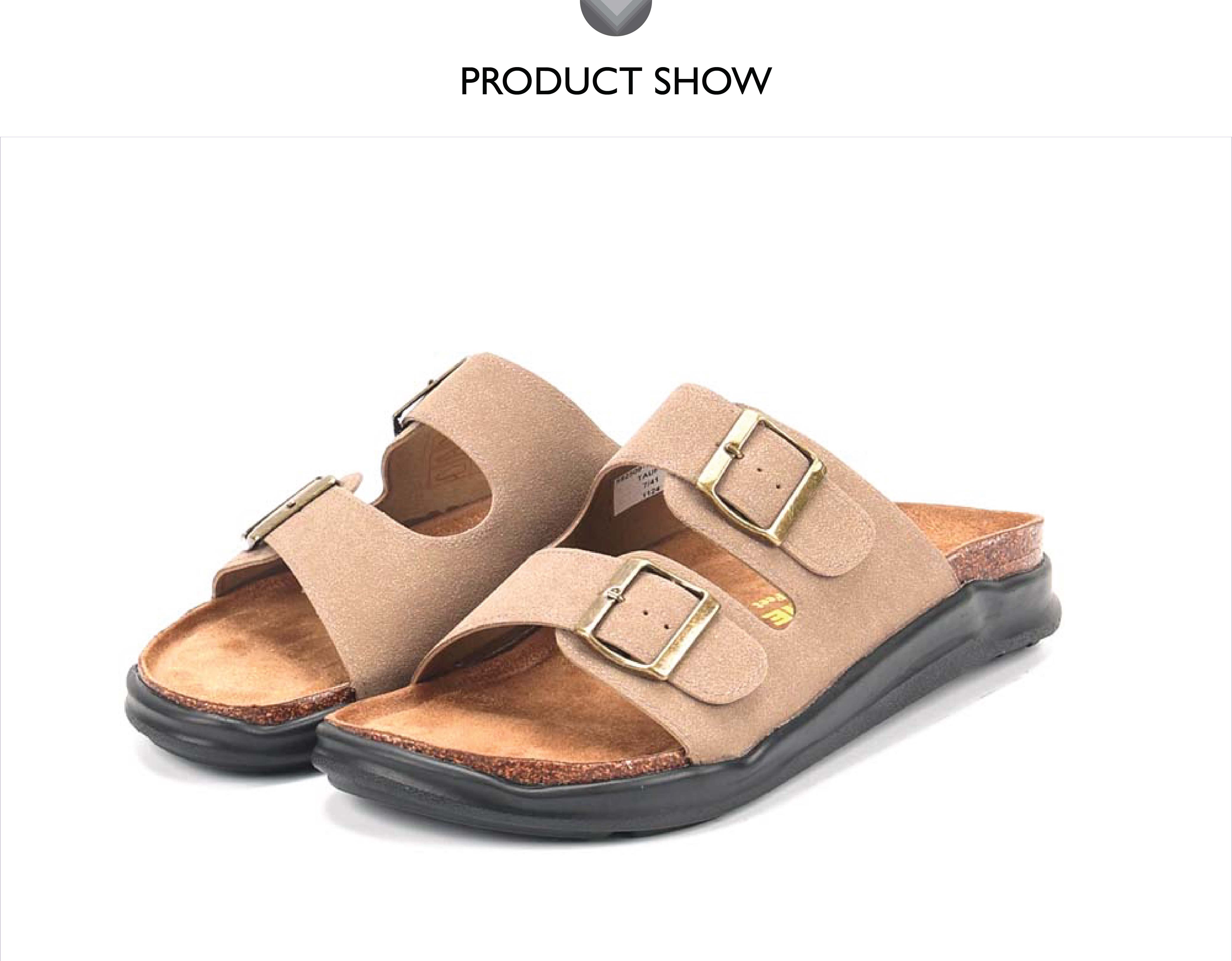 LARRIE Kasut Lelaki Taupe Cork Footbed Double Buckle Flat Selipar ...