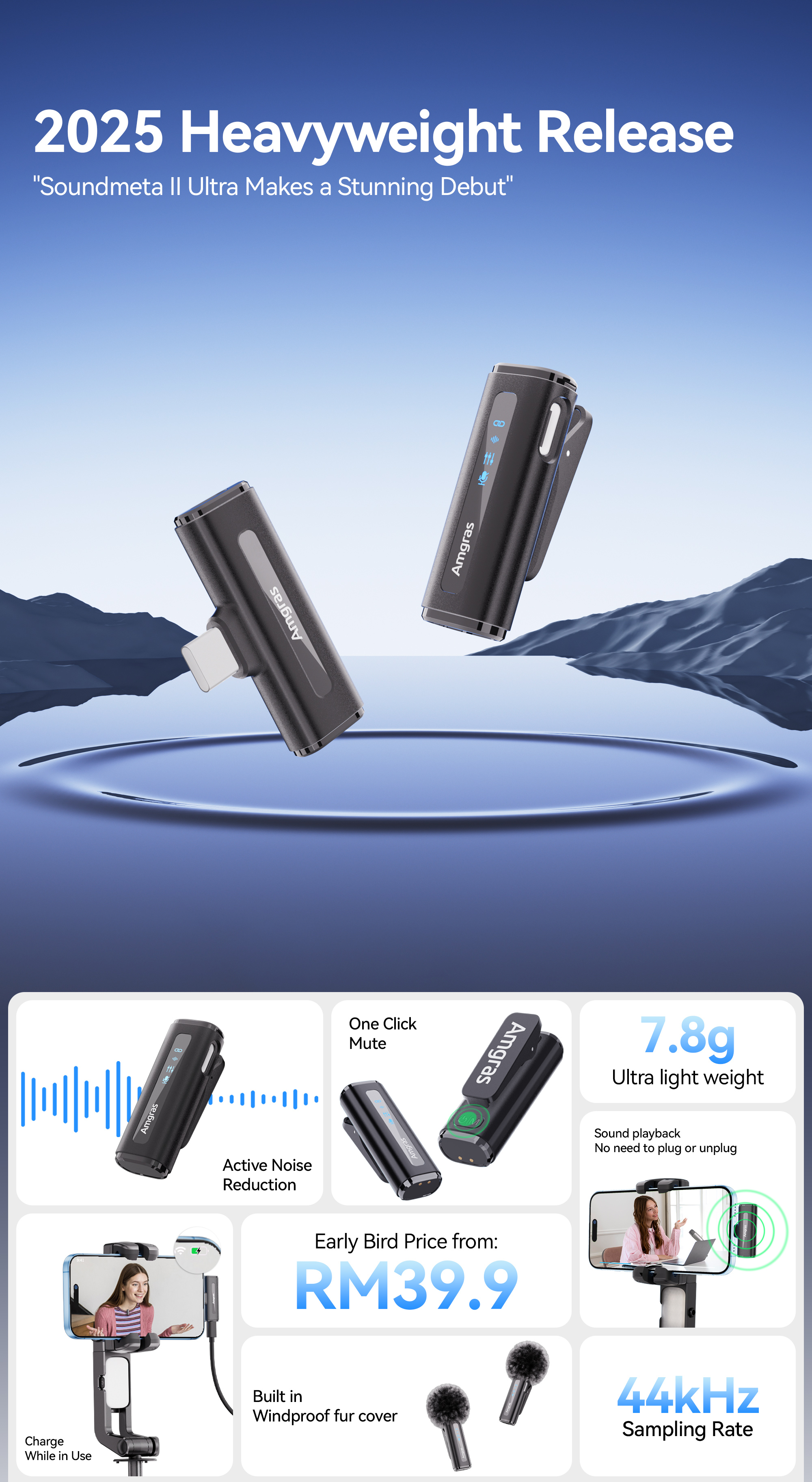 Amgras SoundMeta II Ultra Lavalier Wireless Microphone Noise Cancelling ...
