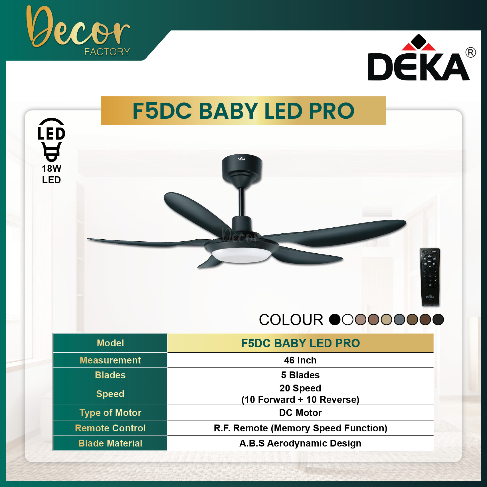 🔥UPGRADED🔥DEKA F5DC BABY LED PRO 5 Blades 20 Speed DC Motor Remote ...