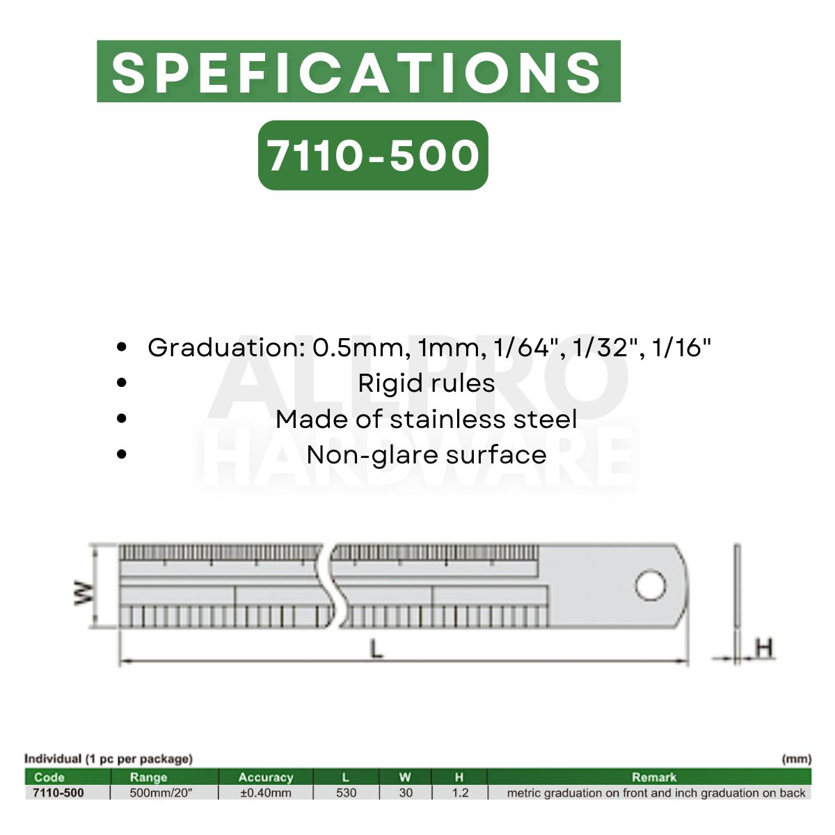 INSIZE STEEL RULE WTH INCH AND METRIC SCALE INSIZE 7110-500 (ECONOMIC ...