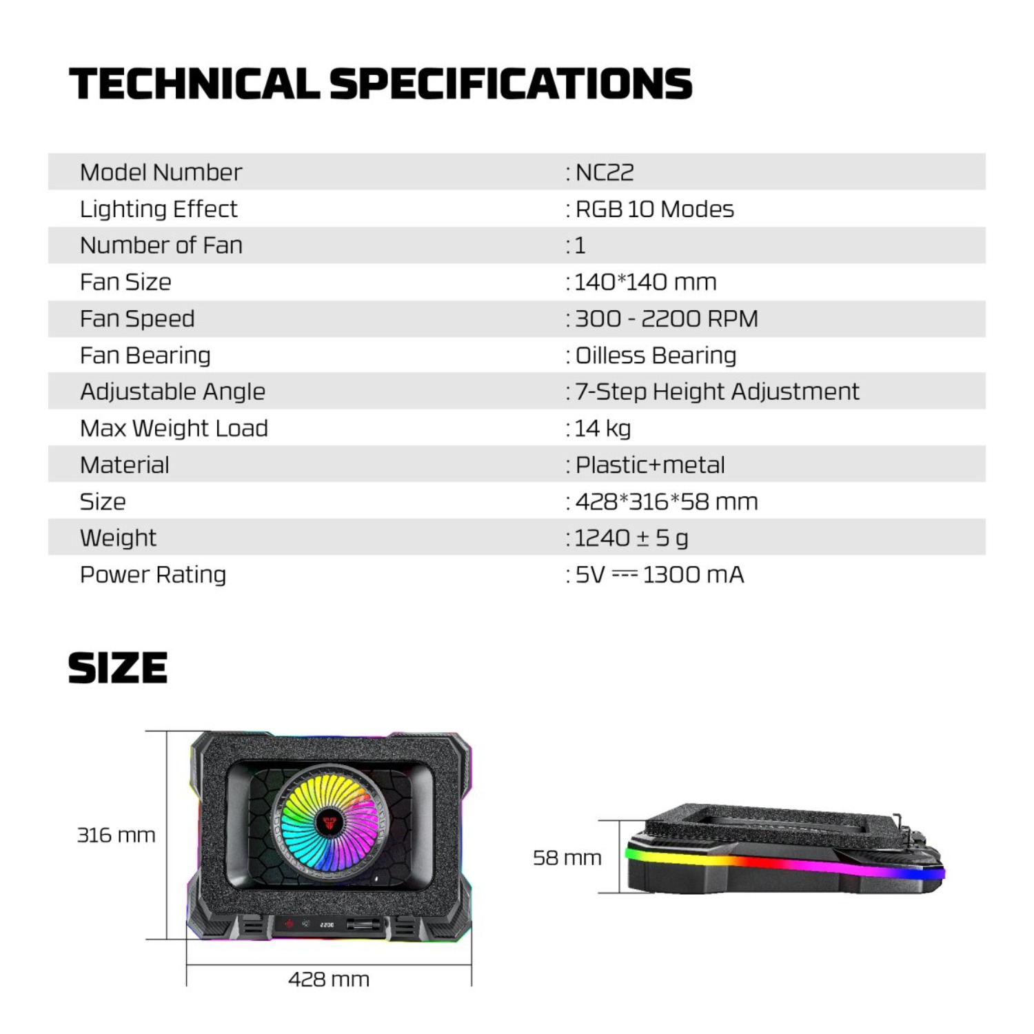 FANTECH NC22 Gaming RGB Laptop Cooler Mute Adjustable Notebook Cooling ...