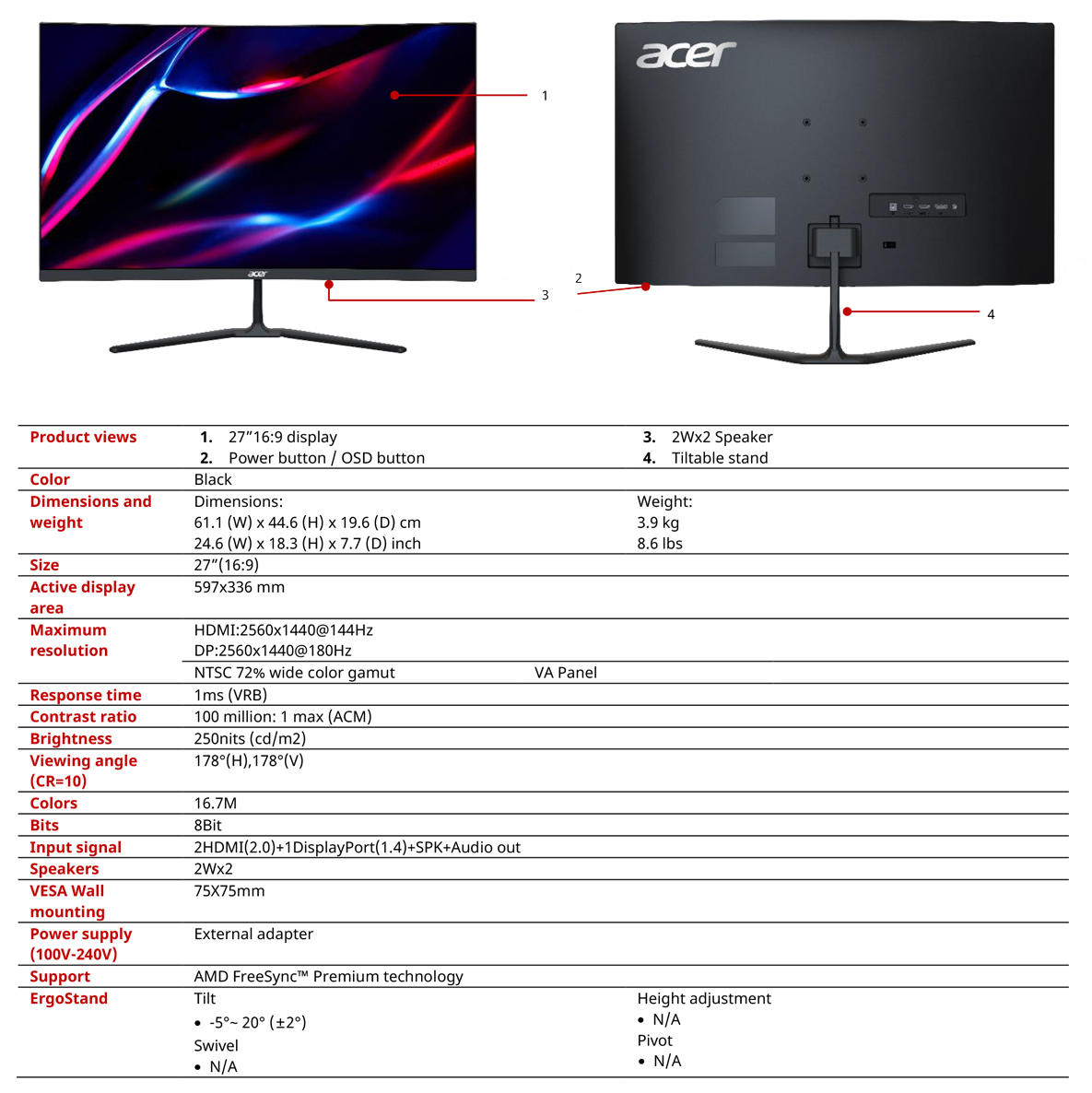 ACER 27" NITRO ED270US3 / ED270U S3 WQHD 2K (2560x1440P@180HZ) LED ...