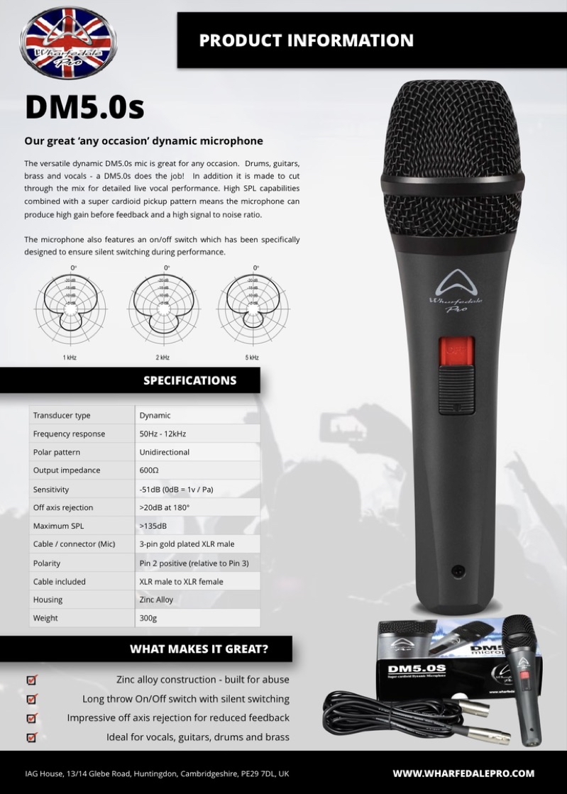 Wharfedale DM-5.0S Wired Super-cardioid Dynamic Microphone with 5M XLR ...