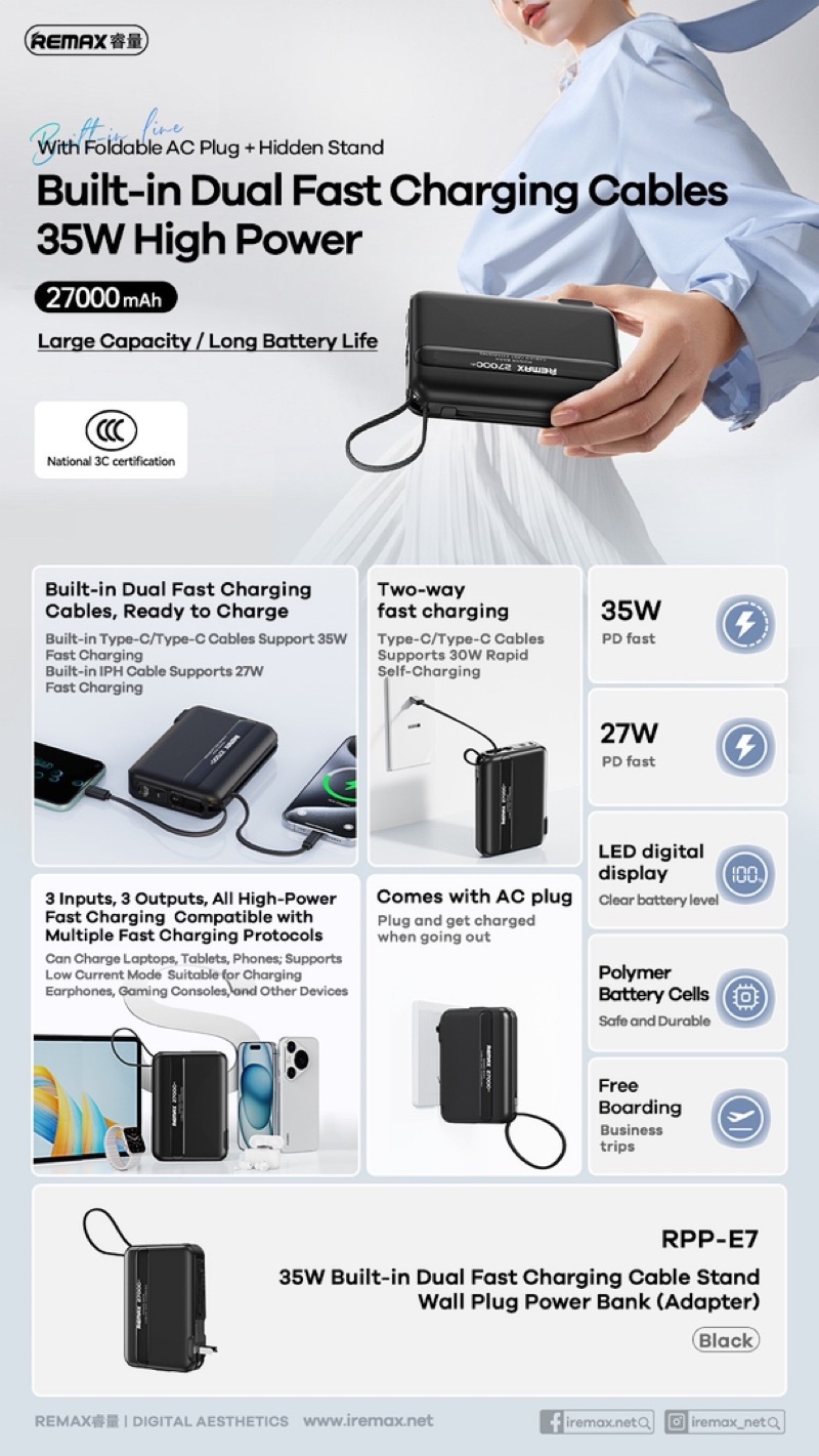 REMAX RPP-E7 27000mAh 35W Built-in Dual Fast Charging Cable Stand Wall ...