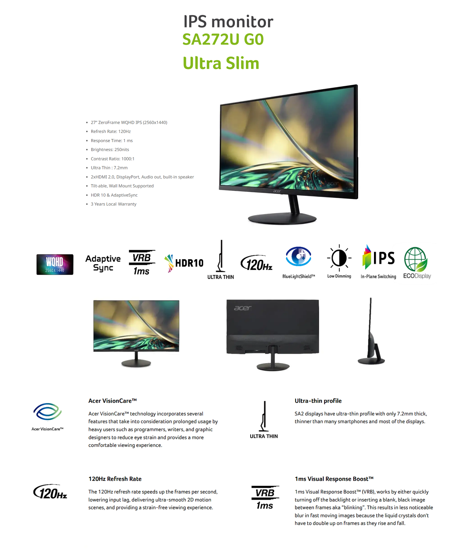 ACER 27" SA272U G0 WQHD (2560x1440@120HZ) LED FLAT IPS PANEL ULTRA SLIM ...