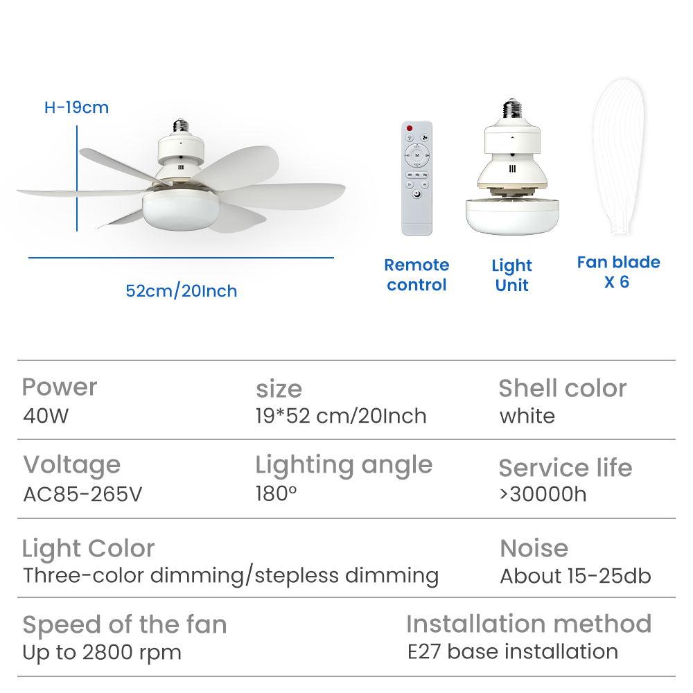 Rong River 52CM Ceiling Fan With Light 40W E27 6 Blades Silent Fan ...
