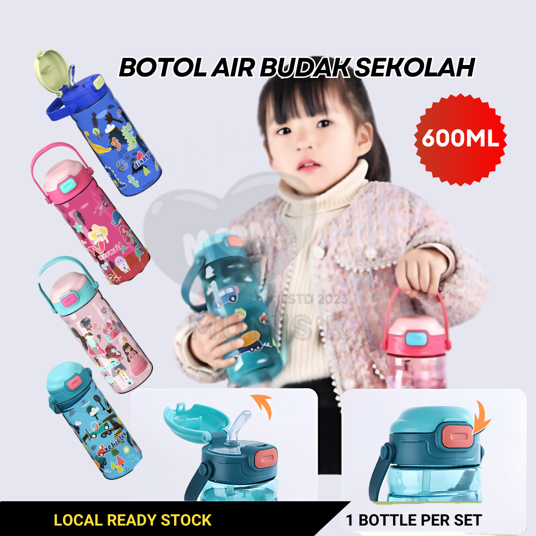 Kids Water Bottle Cute Cartoon with Straw | 4 Colors/Designs | Botol ...