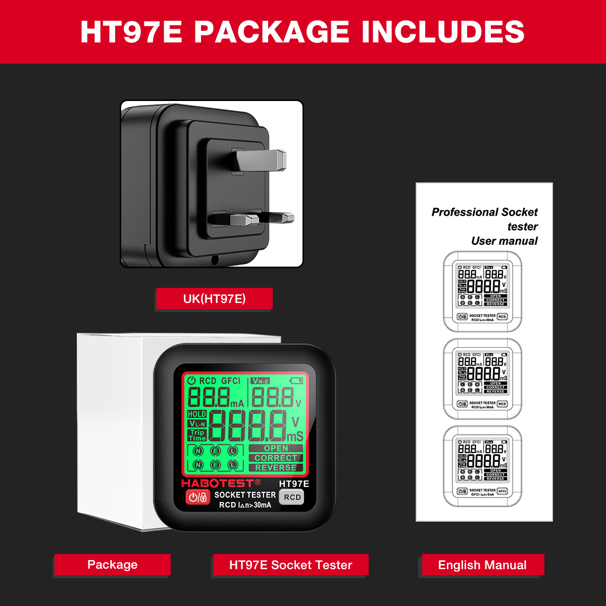 HABOTEST📢HT97E Digital Smart Socket Tester Multifunction Socket Voltage ...