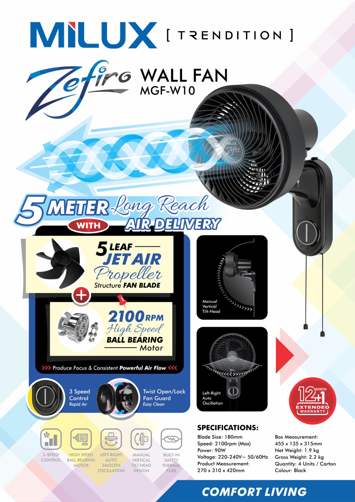 DAWA 12" Remote Control Wall Fan Milux 10'' Zefiro Wall Fan Kipas ...