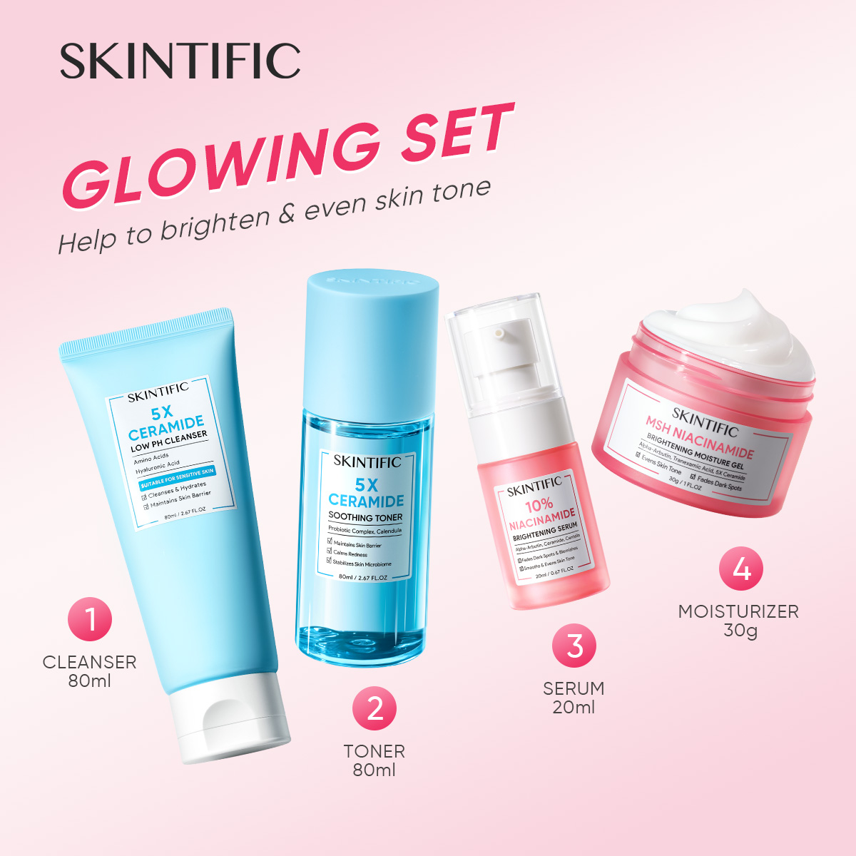SKINTIFIC Skincare 4pcs Paket Set With Serum Low pH Cleanser Light Spot ...