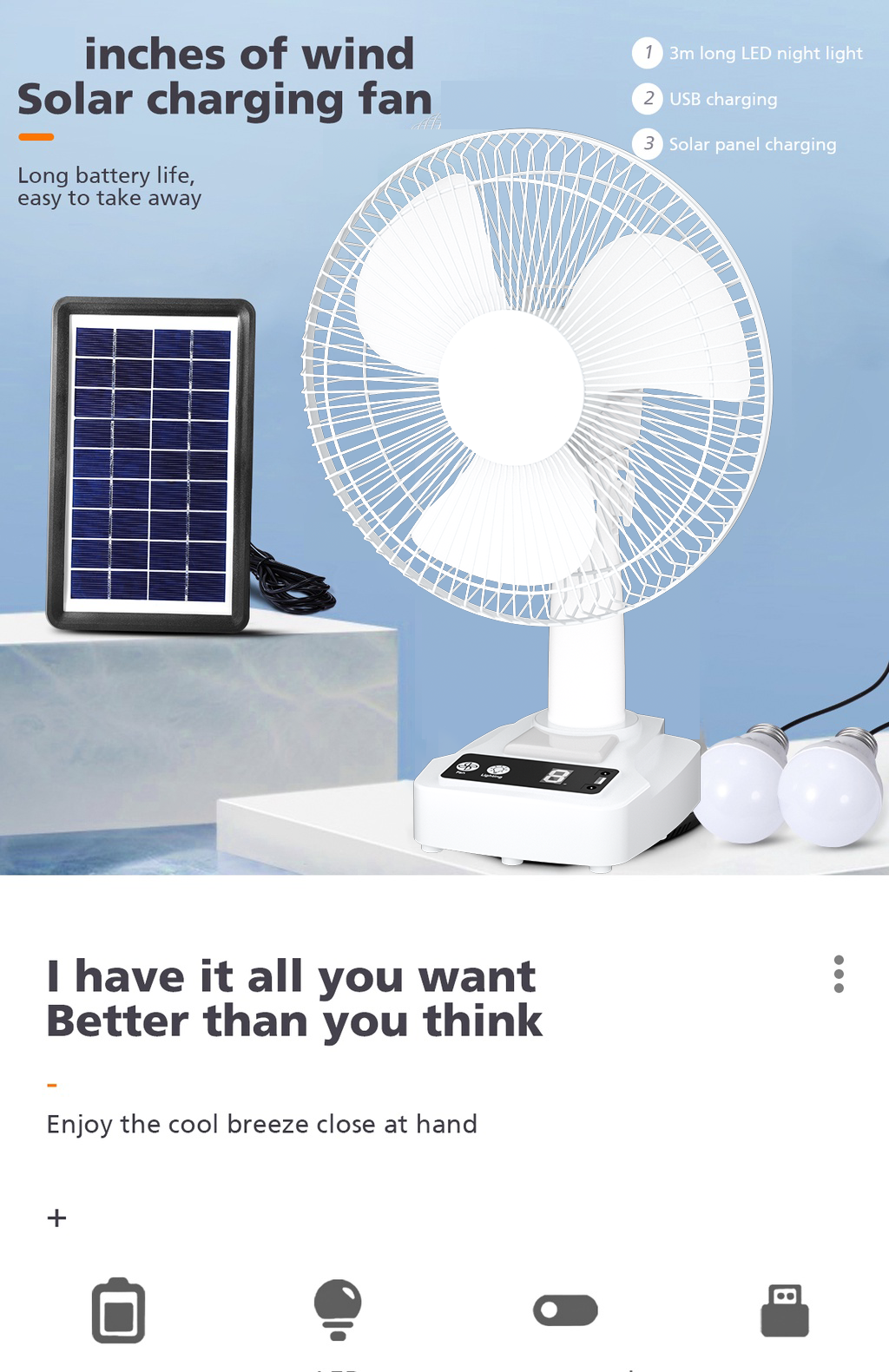 Kipas Solar 18" Fan DC Outdoors Touch Screen Portable Large Wind Table ...